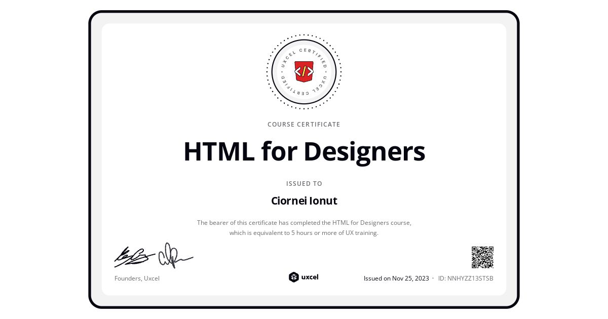 Certificate of completion for HTML Foundations | Uxcel